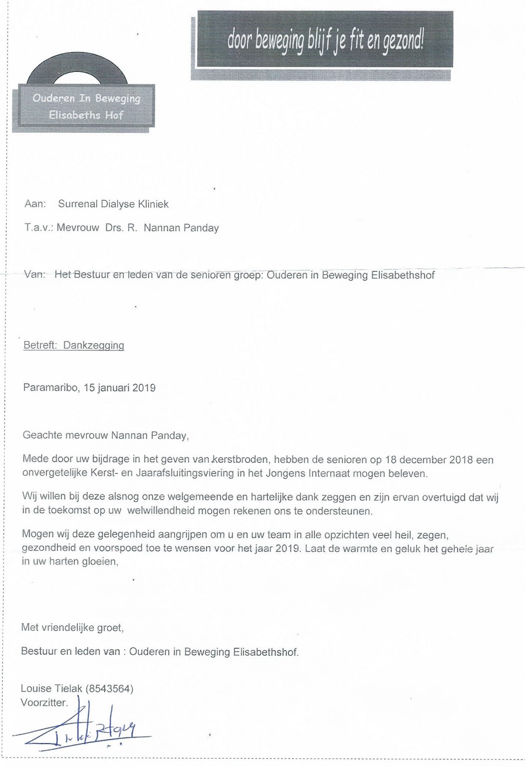 Bedank brief donatie ouderen in beweging – Surrenal Dialyse Kliniek